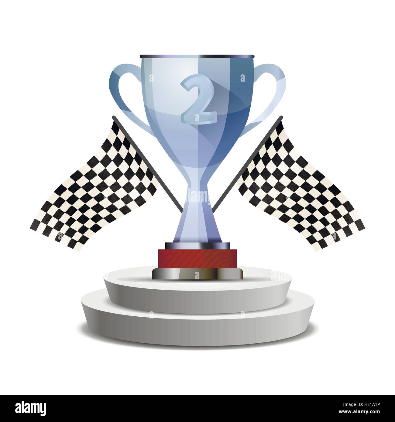 Bright glossy winner cup for second place on pedestal with flags ...