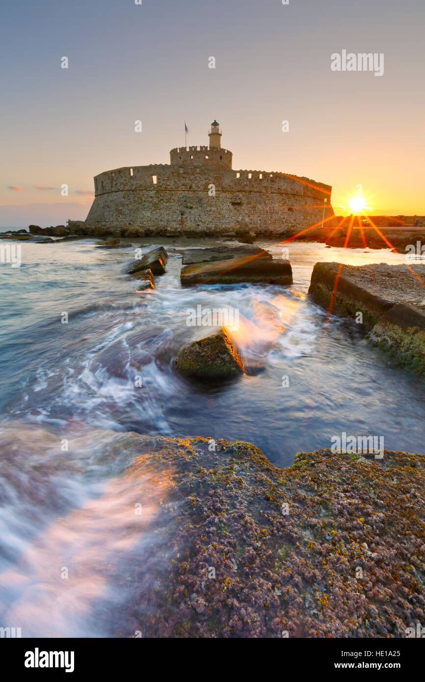 Fort of St. Nicholas in town of Rhodes early in the morning Stock Photo ...