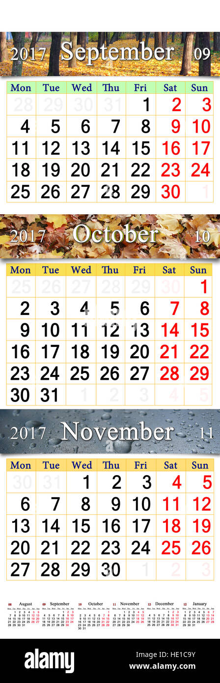 triple calendar for September October November 2017 with colored ...