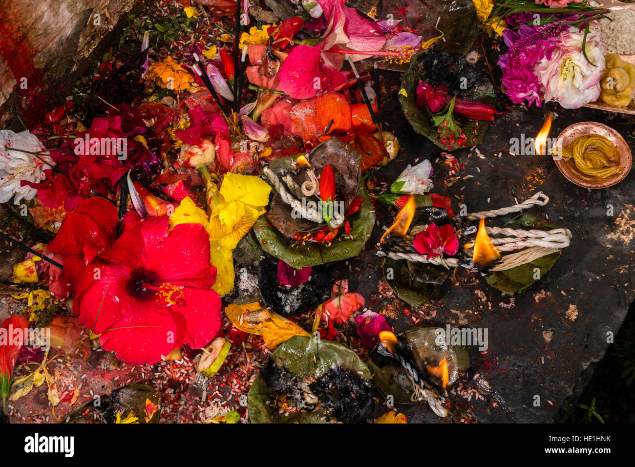 Flowers, color powder, fruits, leaves, rice and incence sticks are ...