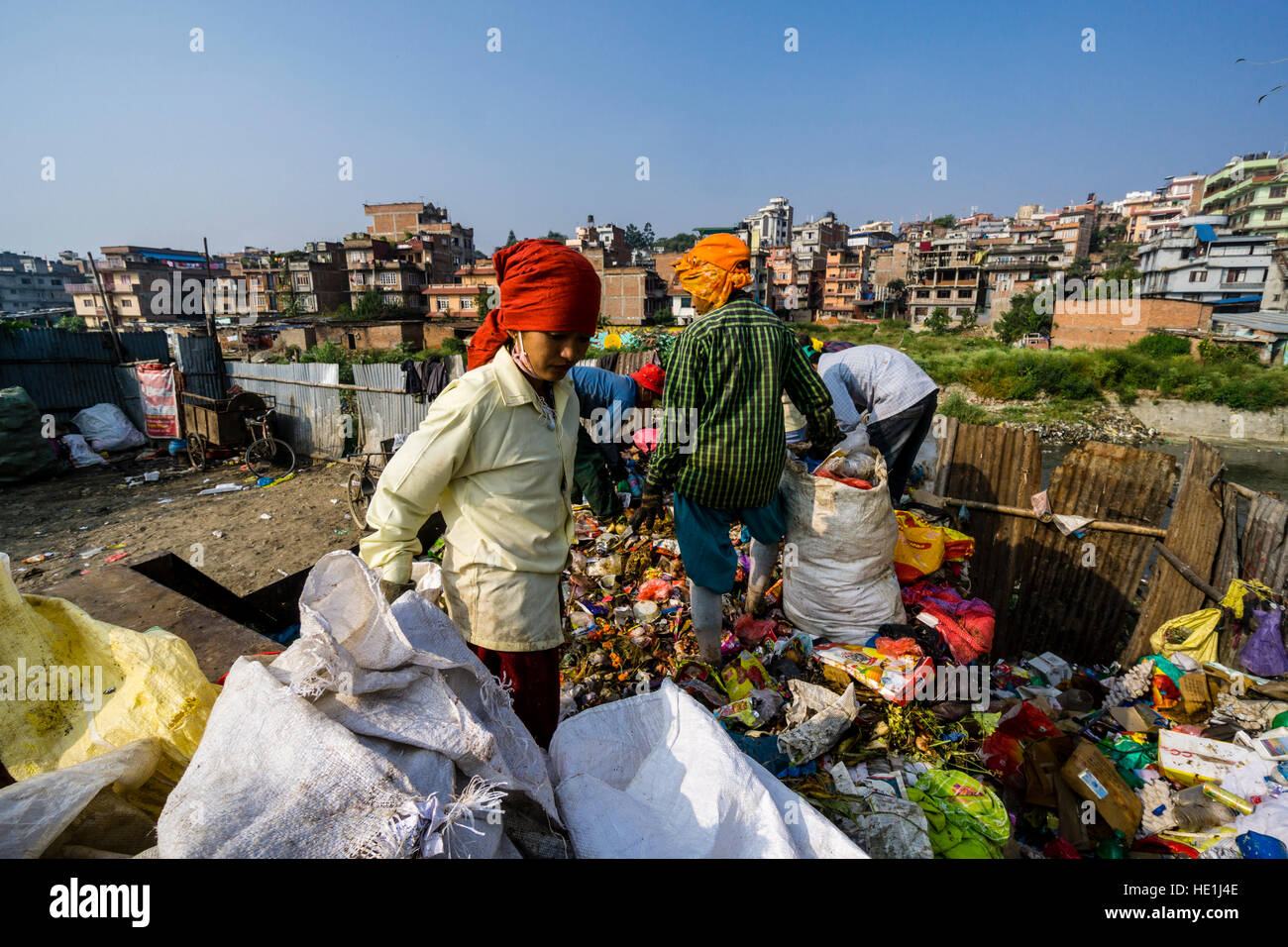 People are collecting garbage in the city, loading it on trucks and ...
