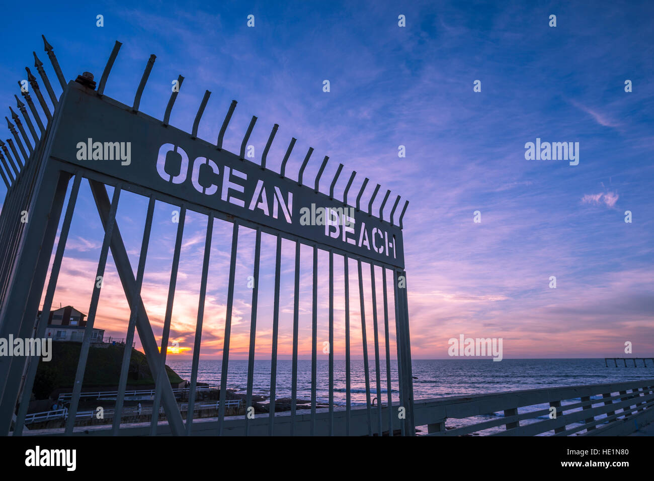 Ocean Beach sign on the Ocean Beach Pier at sunset. San Diego ...