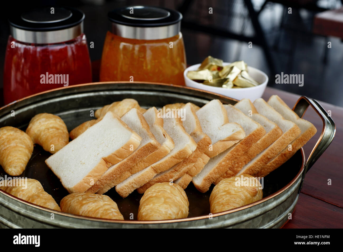 slice toast bread and croissant in tray with jam and butter Stock Photo ...