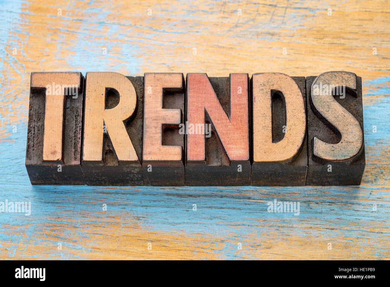 trends word abstract in vintage letterpress wood type Stock Photo - Alamy