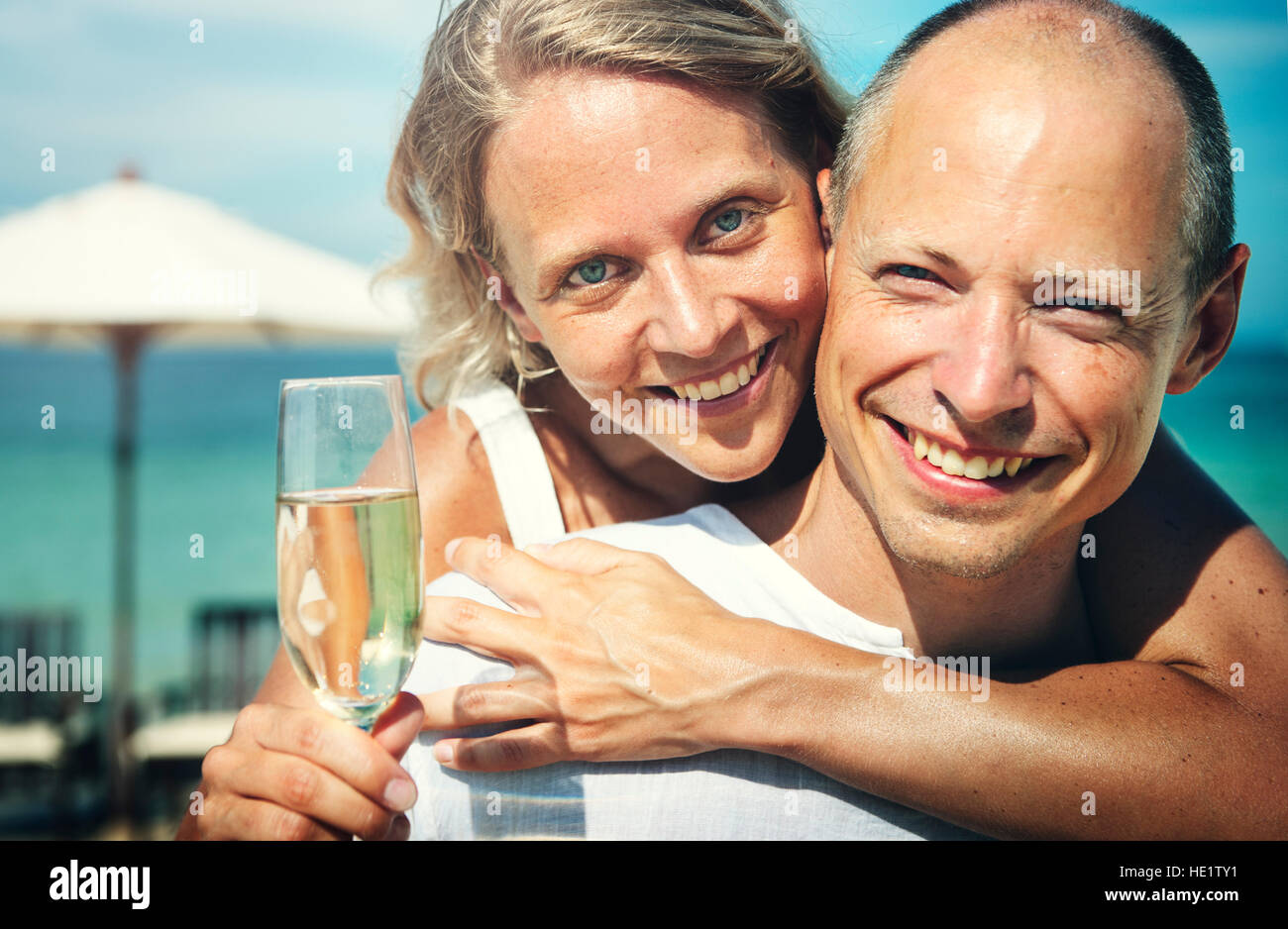 Couple Beach Cheerful Summer Vacation Tropical Concept Stock Photo - Alamy