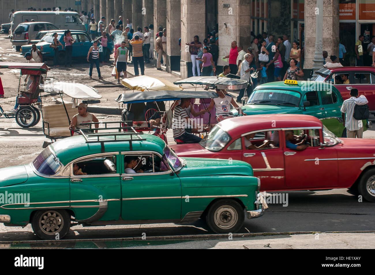 HAVANA, CUBA - CIRCA JUNE, 2011: Colorful vintage American taxi cars ...