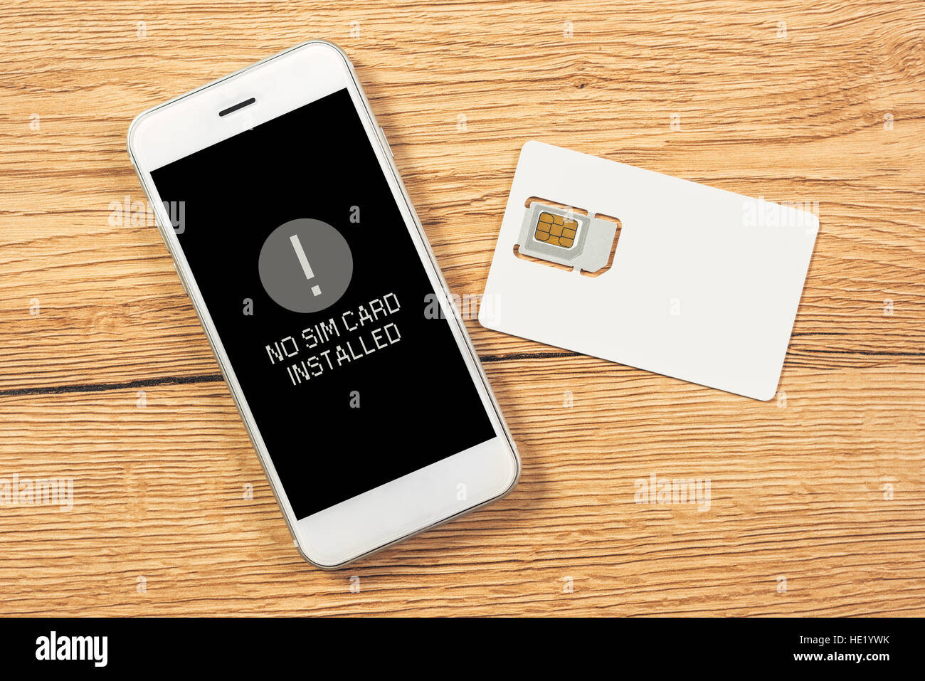 No SIM card installed notification on smartphone screen, top view mock ...