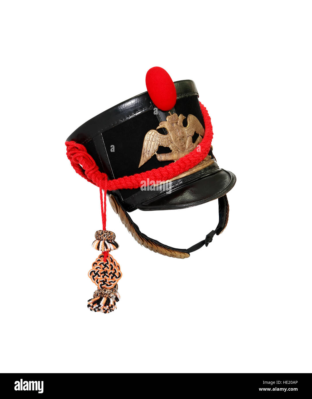 Ancient Russian military shako with cockade and plume isolated on white ...