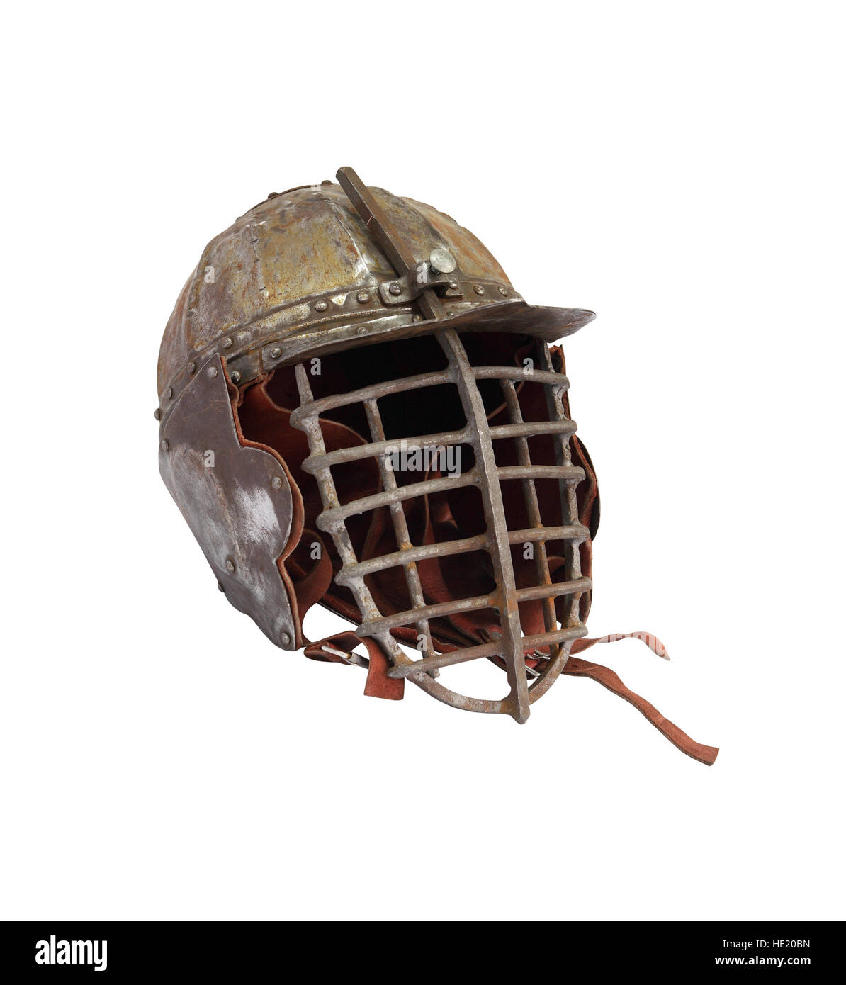 Ancient military iron knight helmet on white background. Isolated with ...