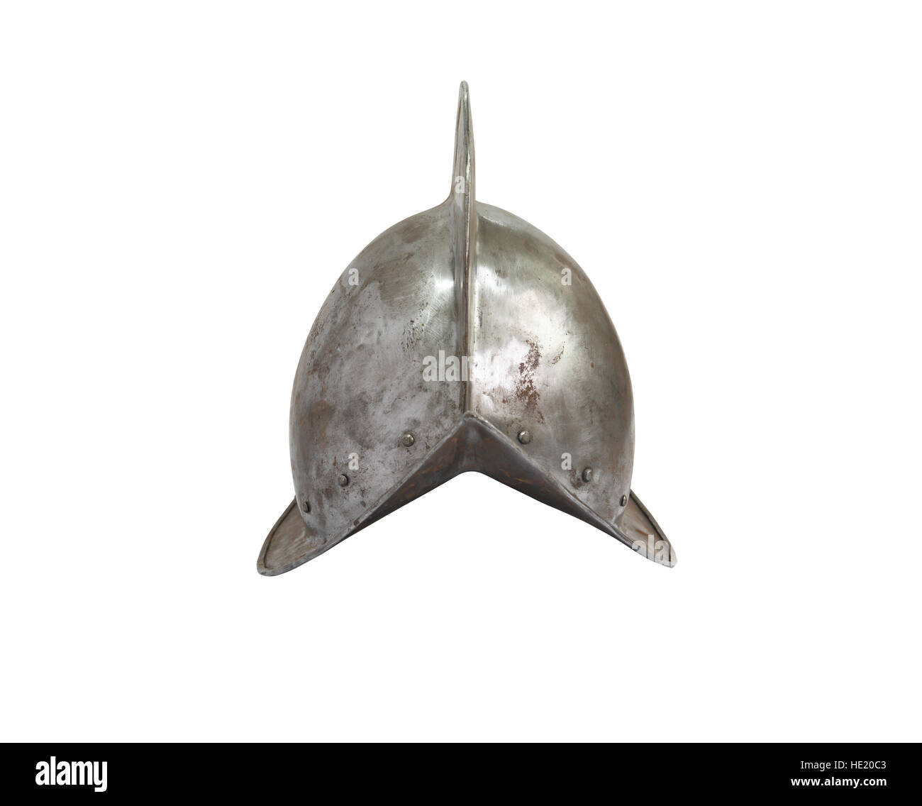 Ancient Spanish military iron knight helmet on white background ...