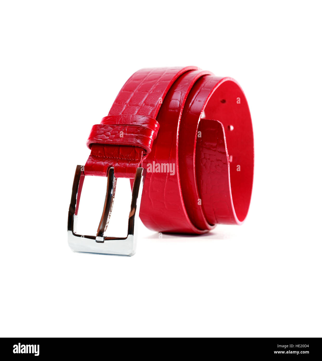 New stylish red leather belt on white background Stock Photo - Alamy