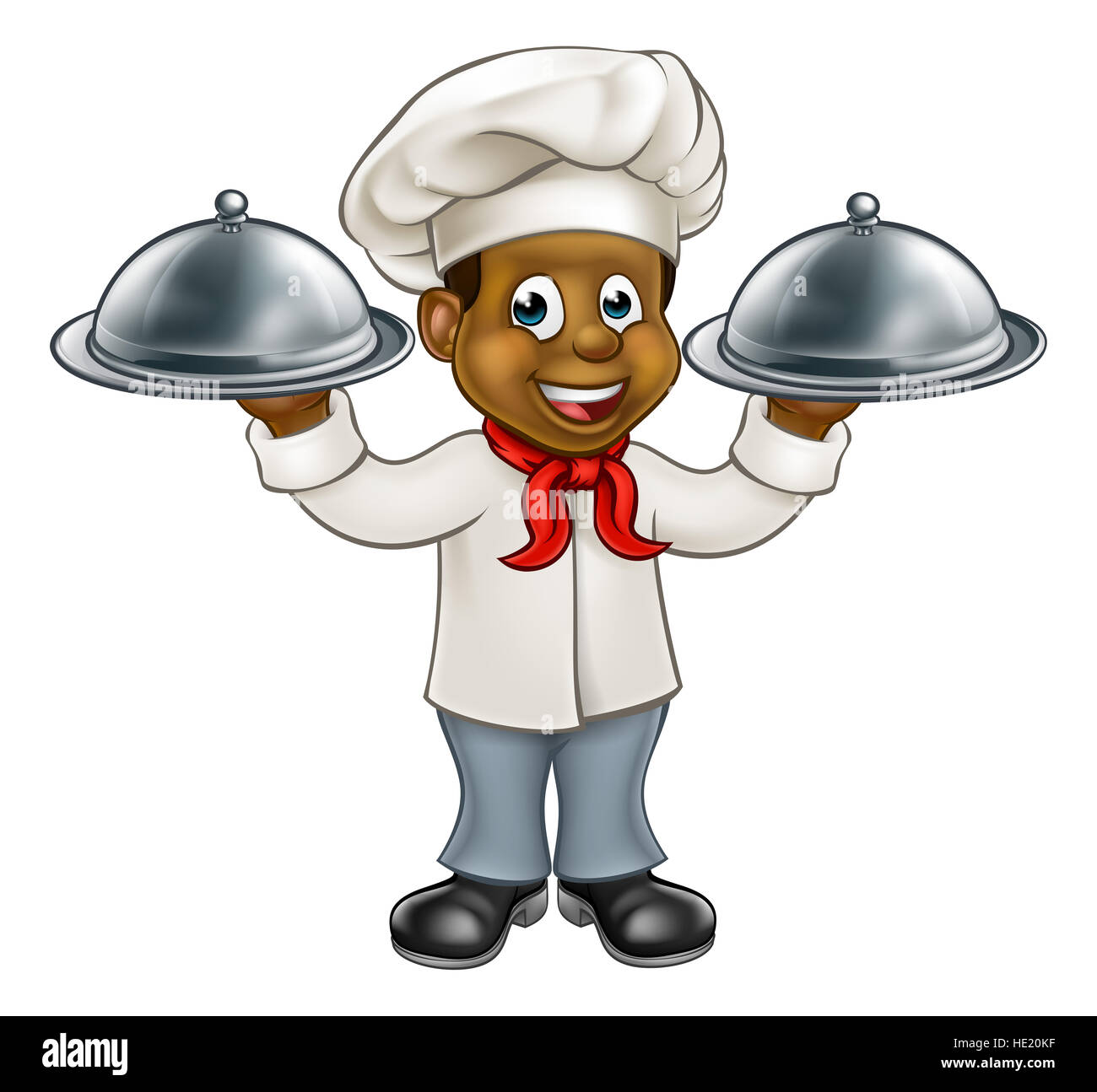 Cartoon black chef or baker holding a silver cloche food meal plate ...