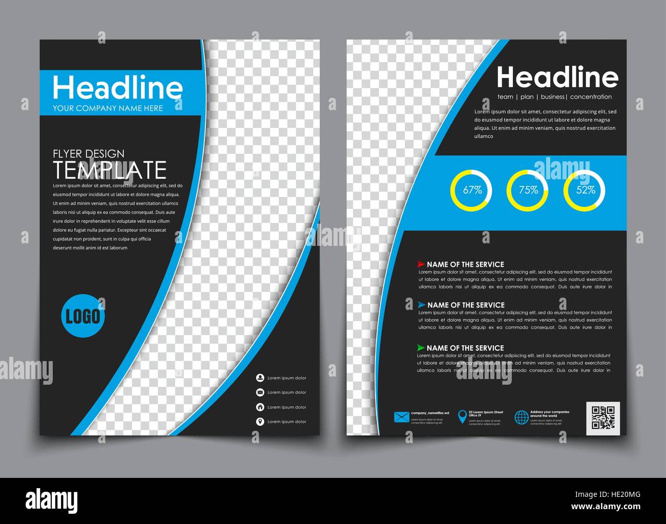 Design flyers black with blue elements for printing. Brochure templates ...