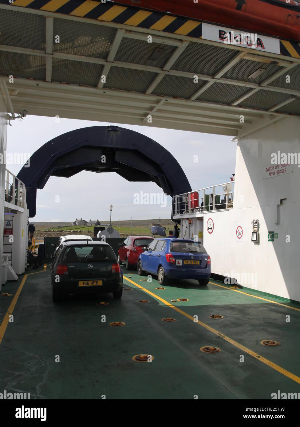 Cars on MV Bigga arriving Gutcher Yell Shetland Scotland June 2014 ...