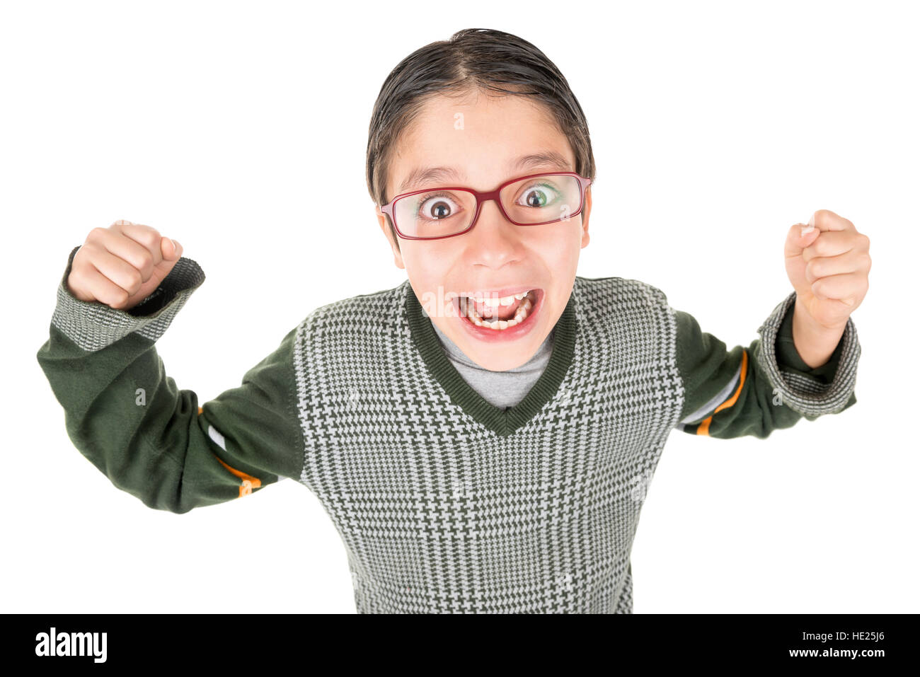 Happy nerd posing isolated in a white background Stock Photo - Alamy