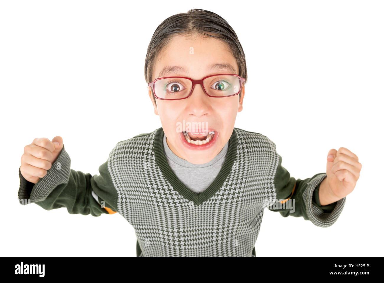 Happy nerd posing isolated in a white background Stock Photo - Alamy