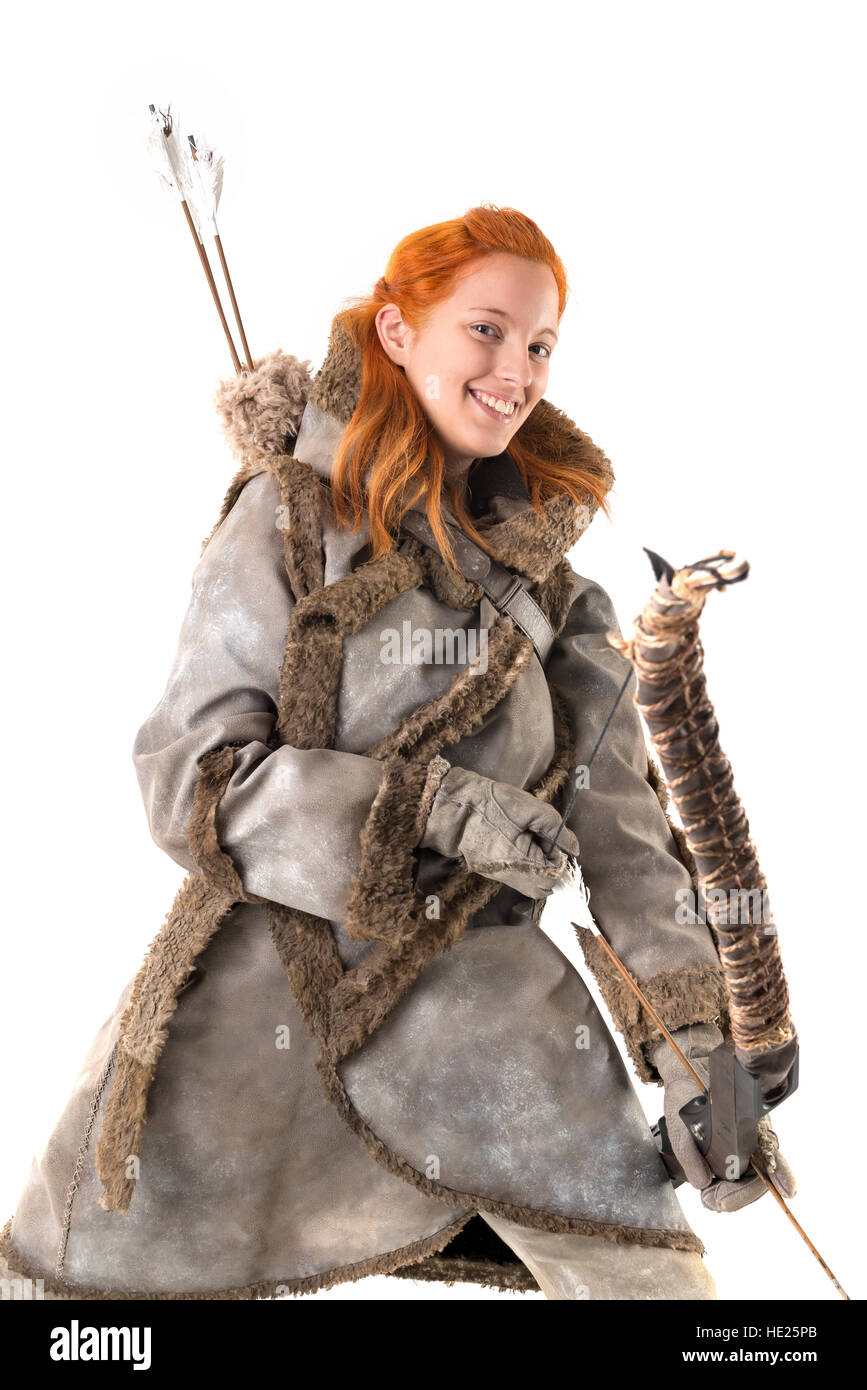 girl archer in a costume with bow isolated in white Stock Photo - Alamy