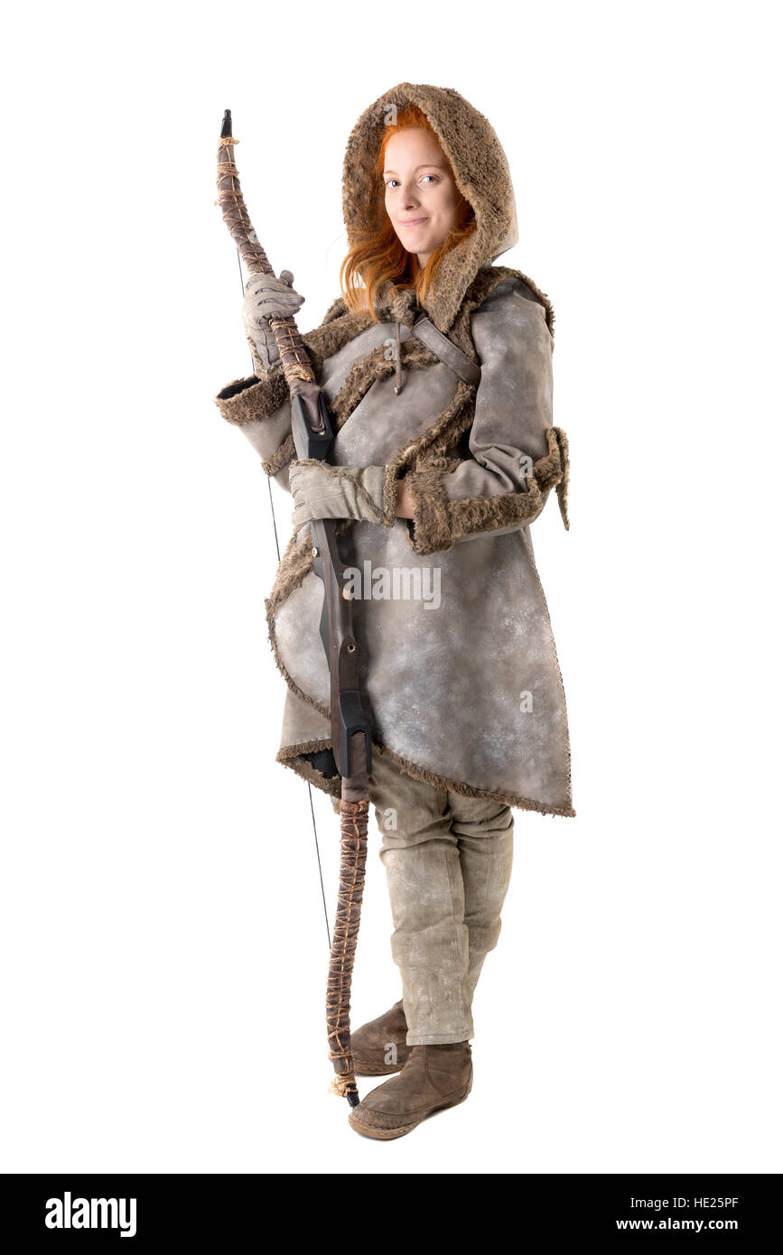 girl archer in a costume with bow isolated in white Stock Photo - Alamy