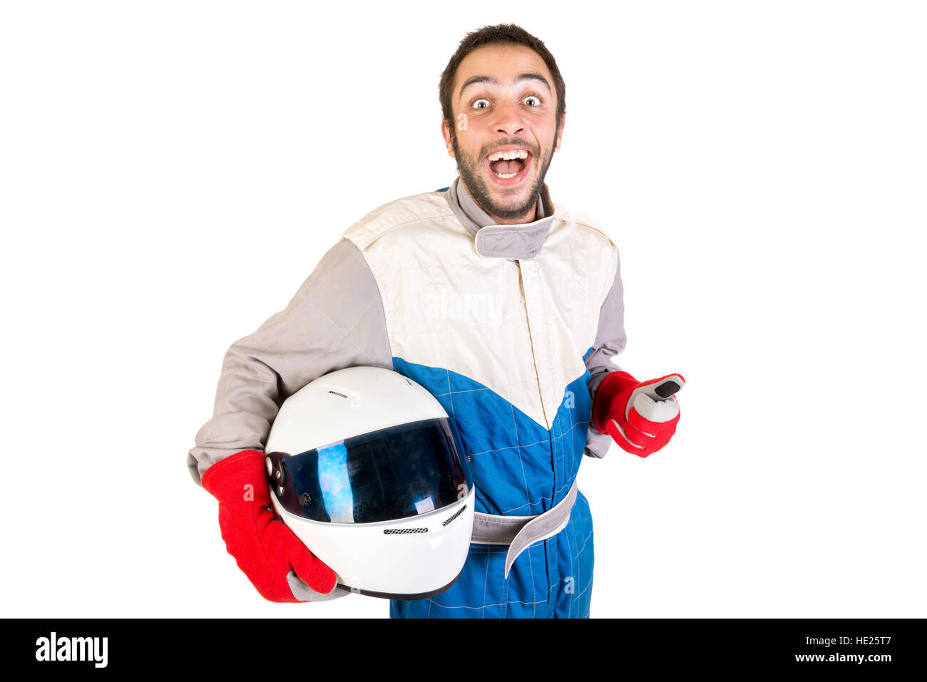 Racing driver posing with helmet isolated in white Stock Photo - Alamy