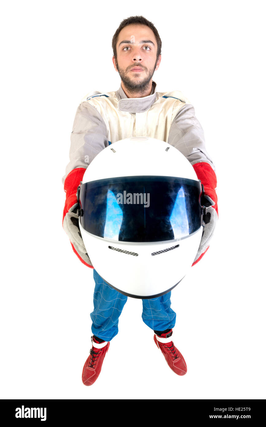 Racing driver posing with helmet isolated in white Stock Photo - Alamy