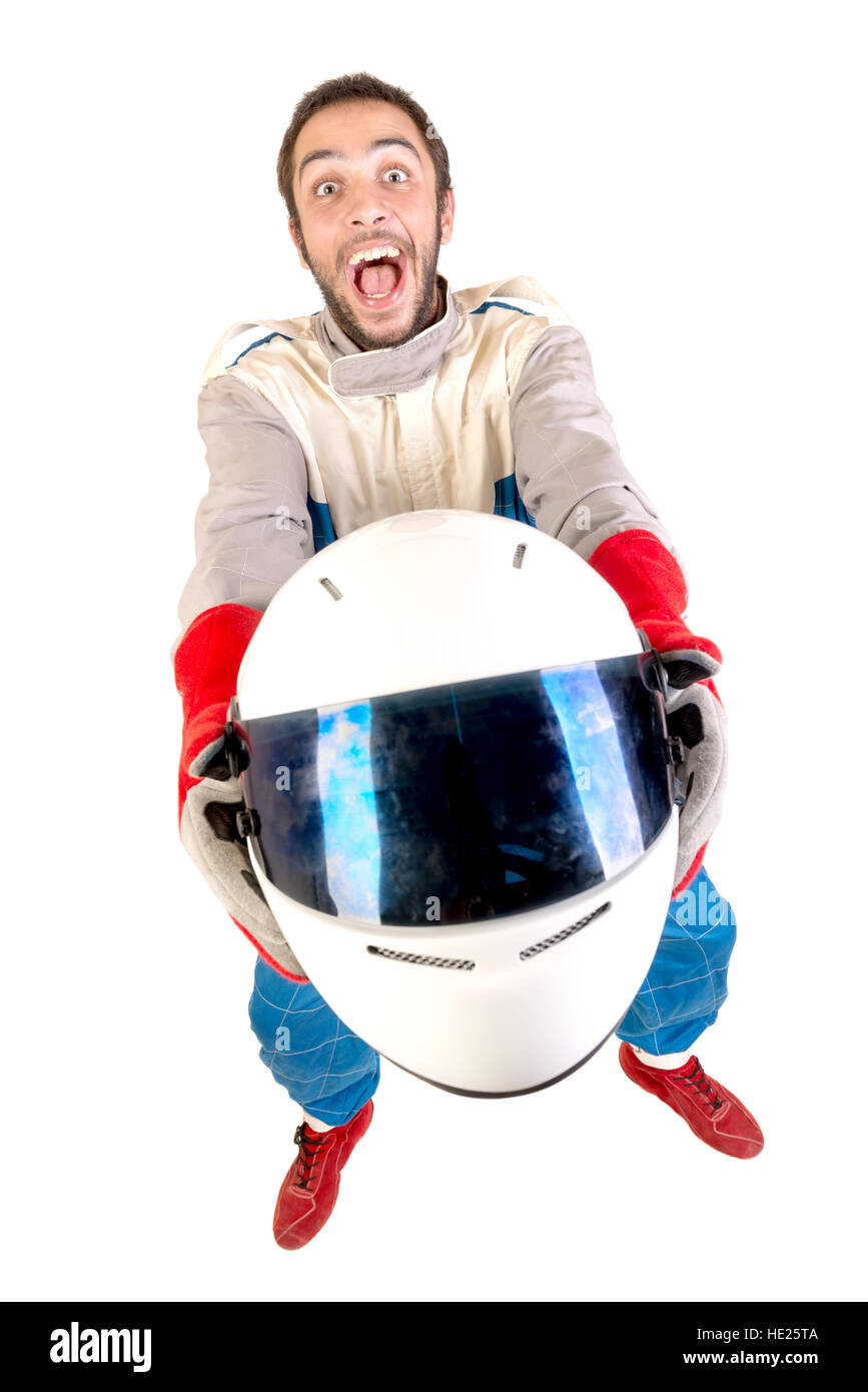 Racing driver posing with helmet isolated in white Stock Photo - Alamy