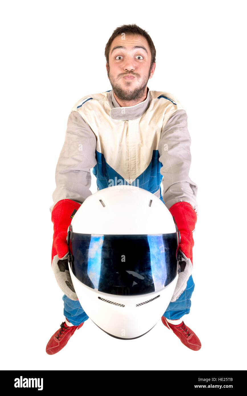 Racing driver posing with helmet isolated in white Stock Photo - Alamy