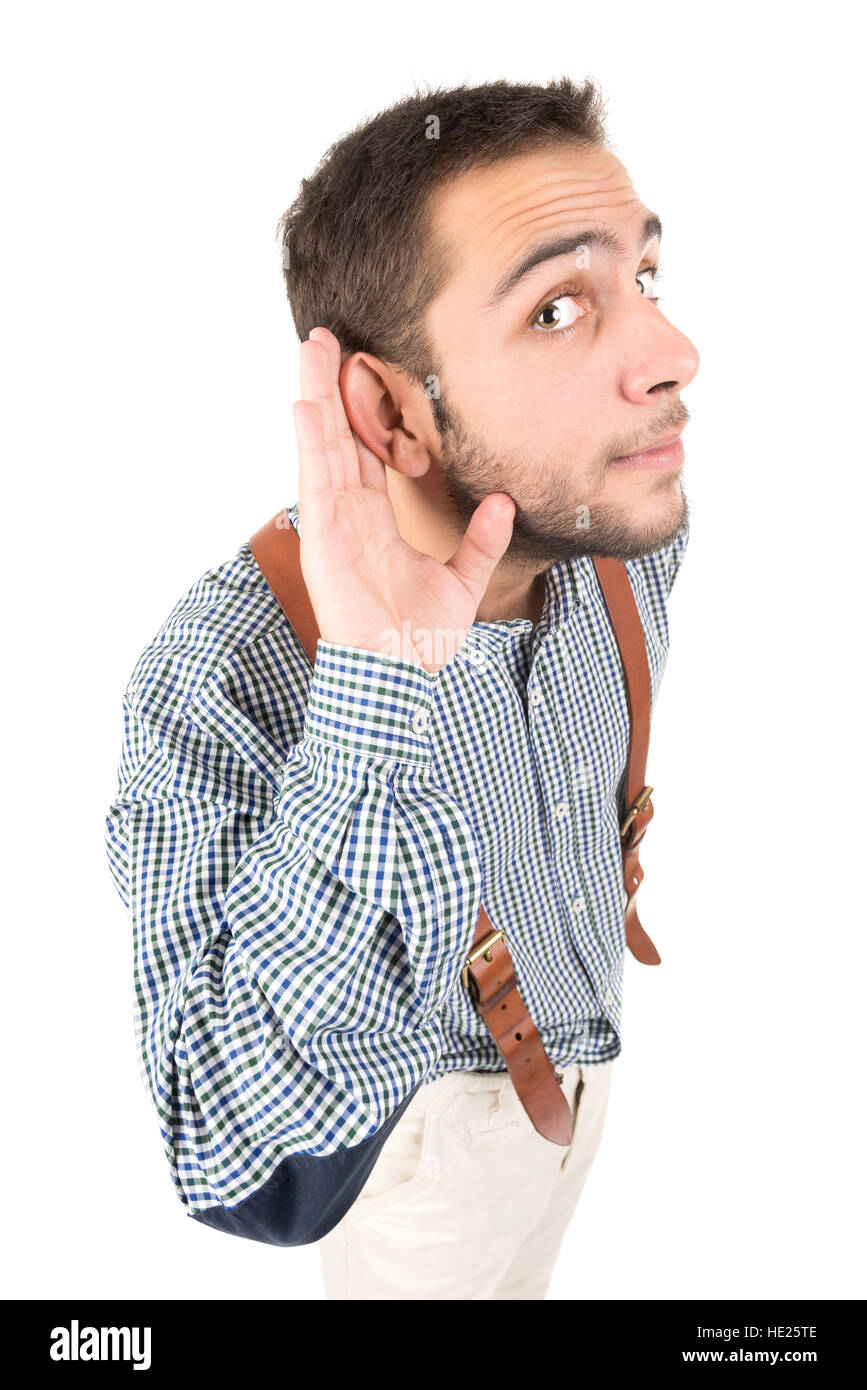 Nerd listening isolated in a white background Stock Photo - Alamy