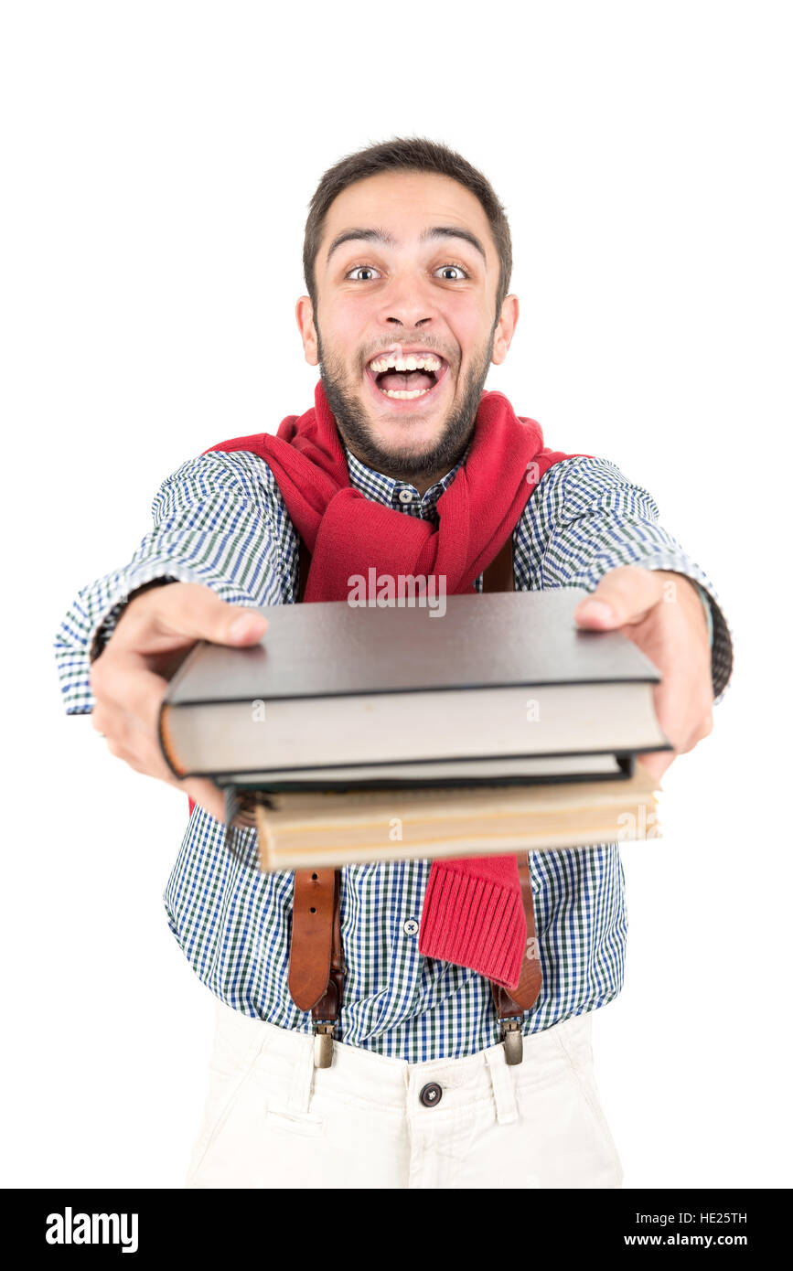 Young nerd student posing with books isolated in a white background ...