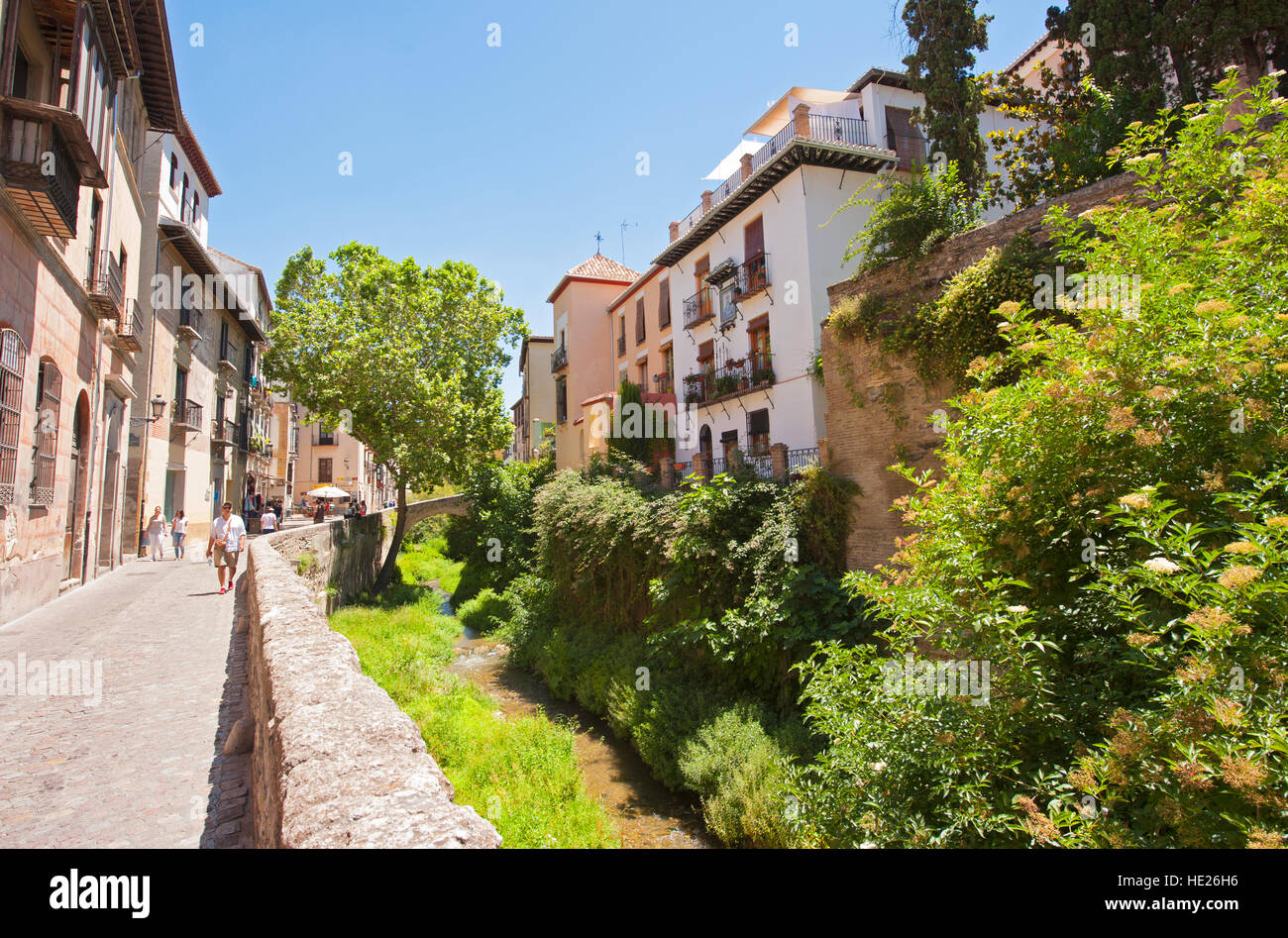 Pretty buildings along the River Darro in the city of Granada, Spain ...