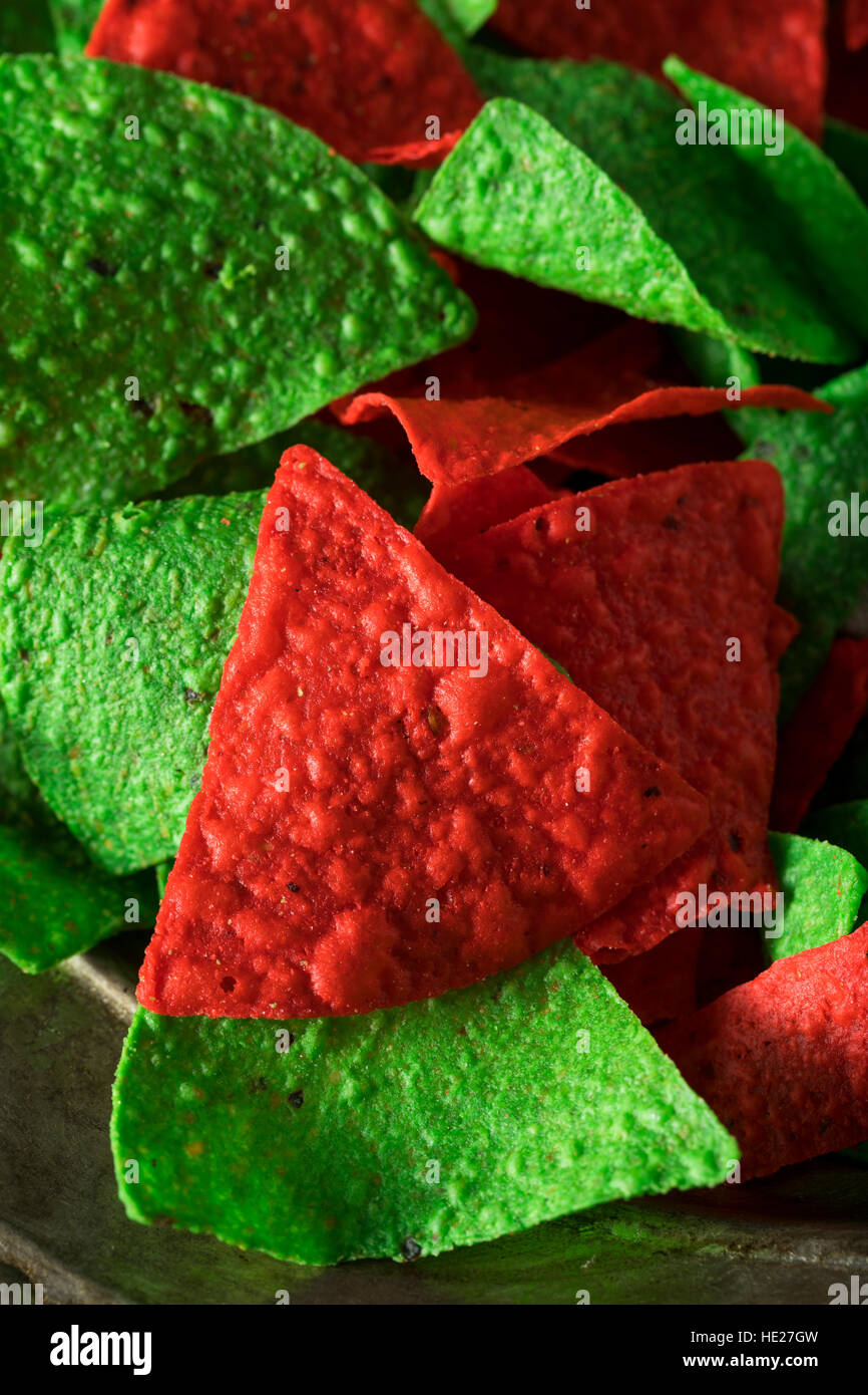 Festive Christmas Green and Red Tortilla Chips with Salsa Stock Photo ...