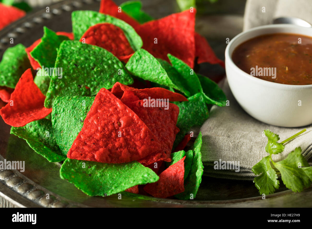 Festive Christmas Green and Red Tortilla Chips with Salsa Stock Photo ...