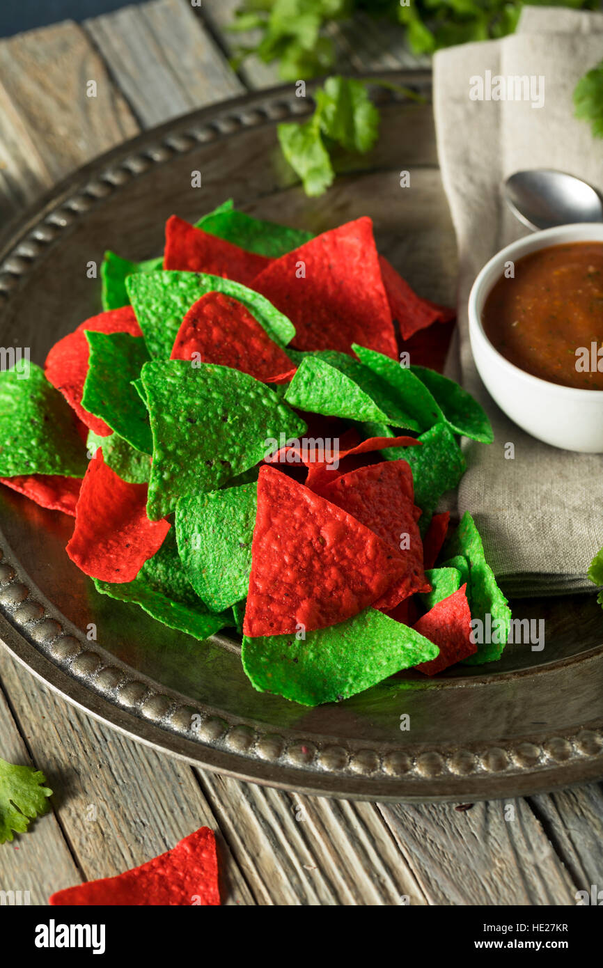 Festive Christmas Green and Red Tortilla Chips with Salsa Stock Photo ...