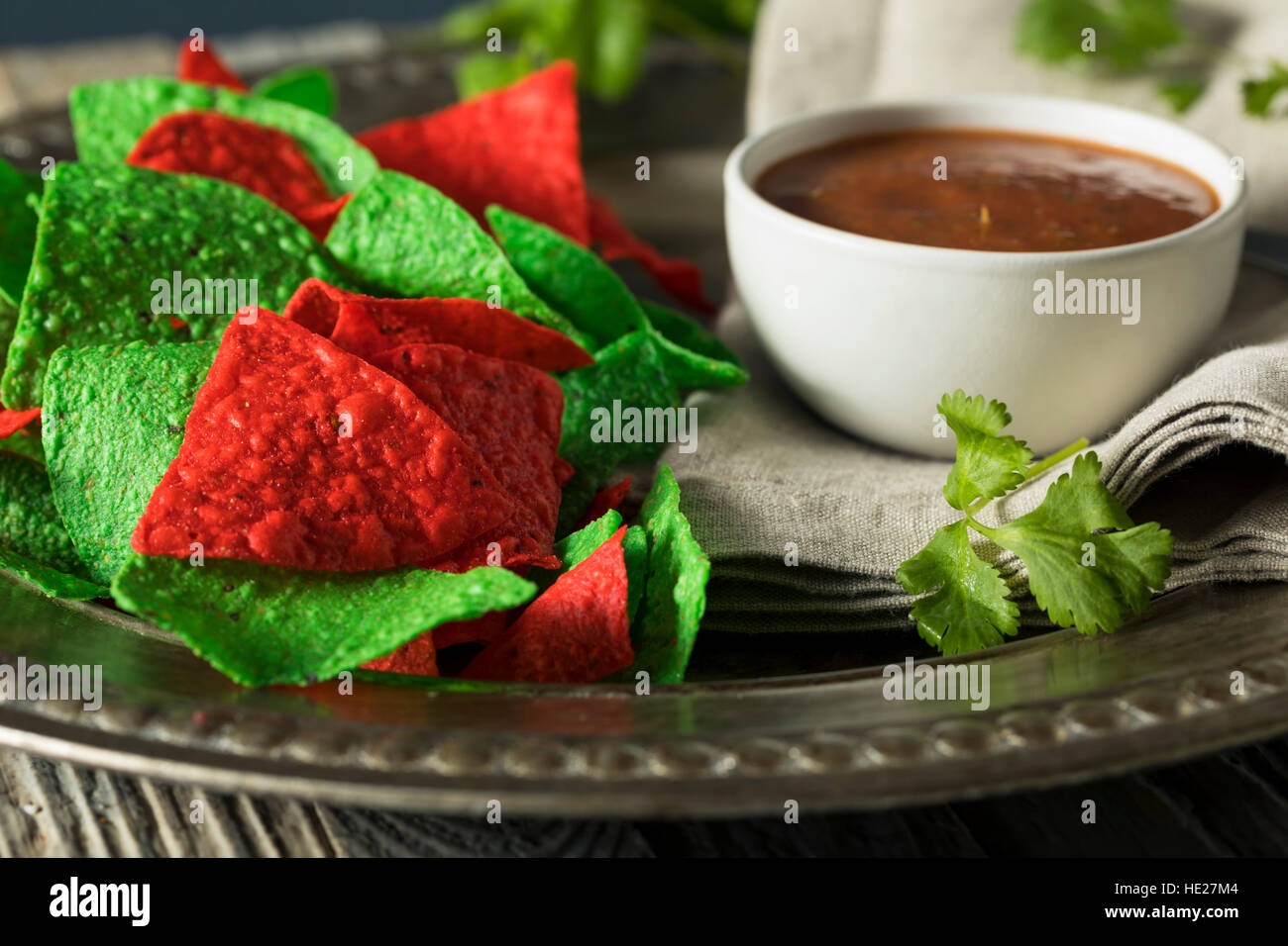 Festive Christmas Green and Red Tortilla Chips with Salsa Stock Photo ...