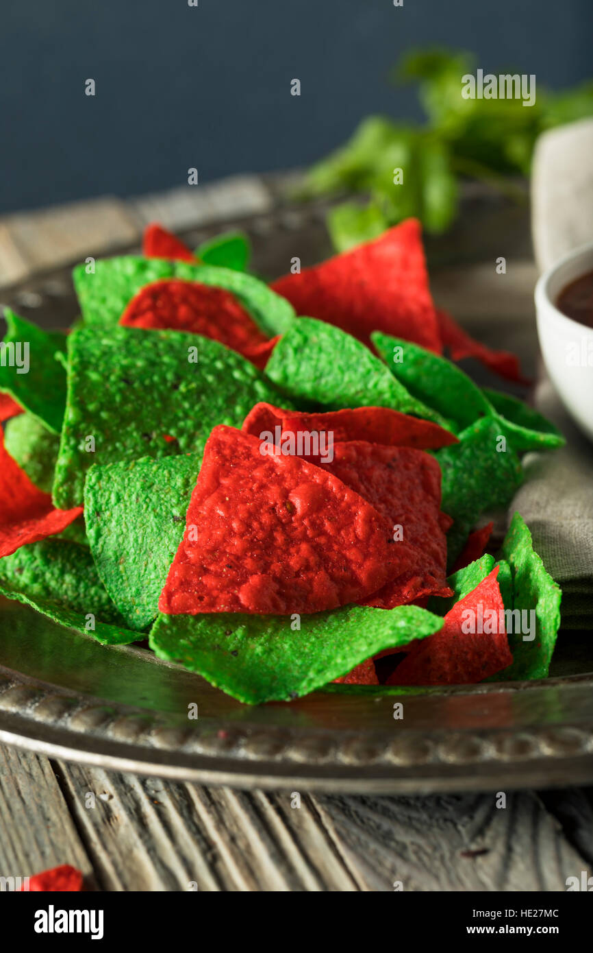 Festive Christmas Green and Red Tortilla Chips with Salsa Stock Photo ...