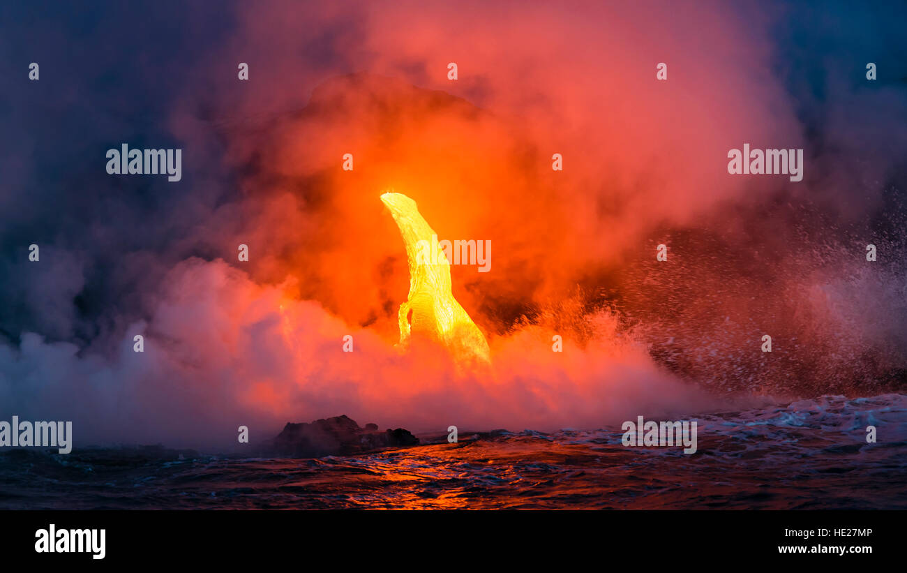Lava flow entering the ocean at dawn, Hawaii Volcanoes National Park, The Big Island, Hawaii USA ...