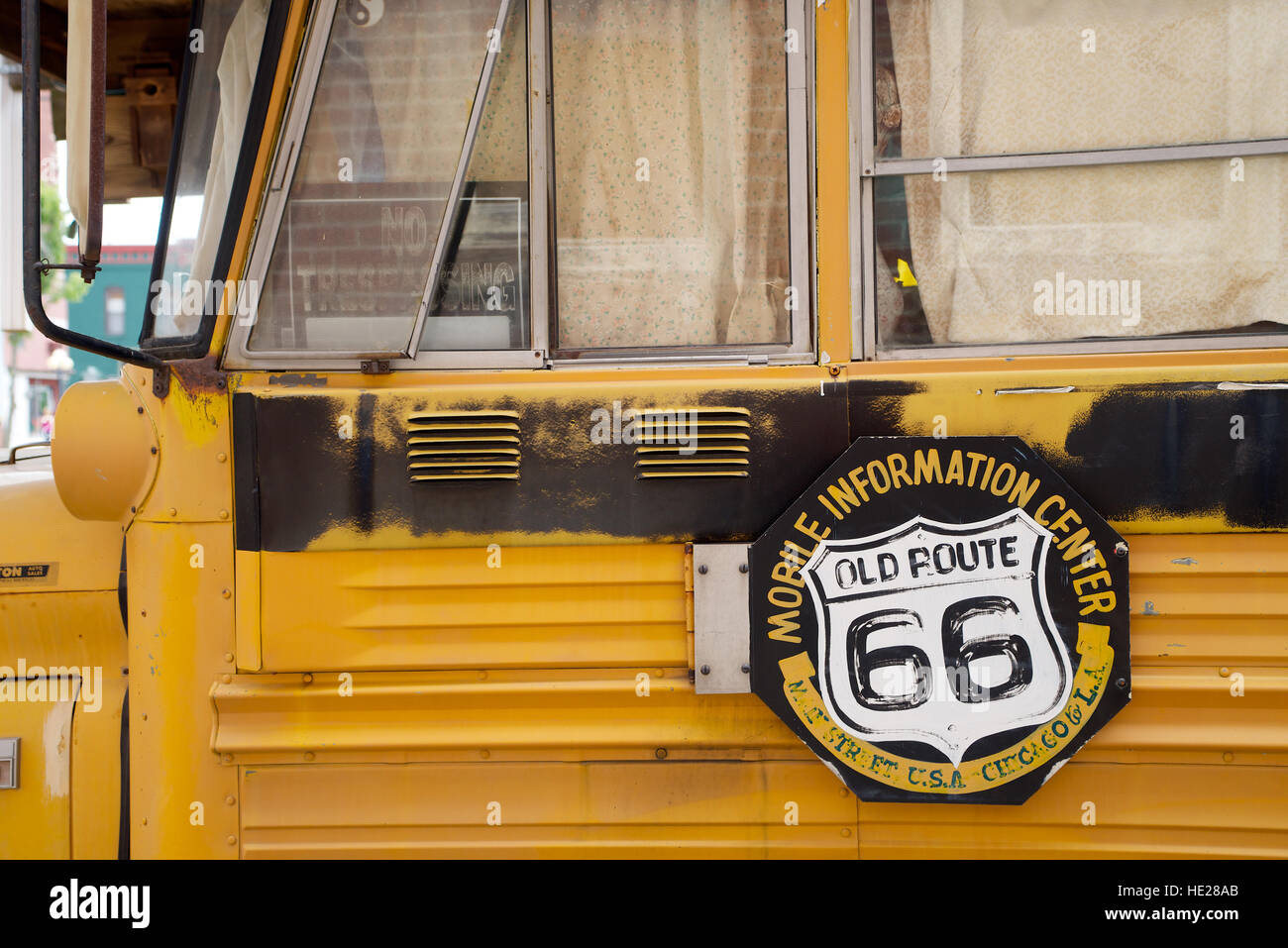 Route 66 memorabilia - yellow custom bus at Pontiac, Livingston County ...
