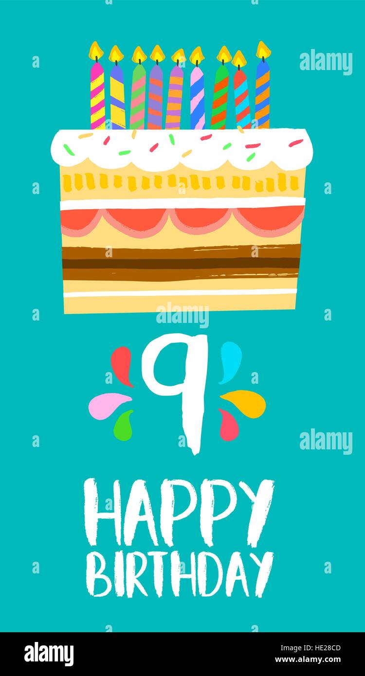 Happy birthday number 9, greeting card for nine years in fun art style ...