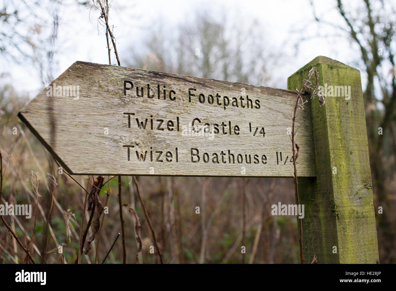 A public footpath sign to Twizel Castle and Twizel Boathouse in ...