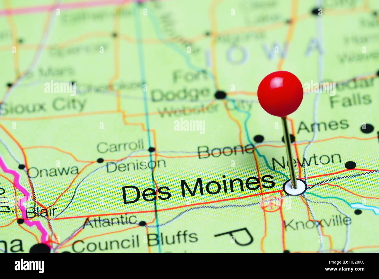Des Moines pinned on a map of Iowa, USA Stock Photo - Alamy