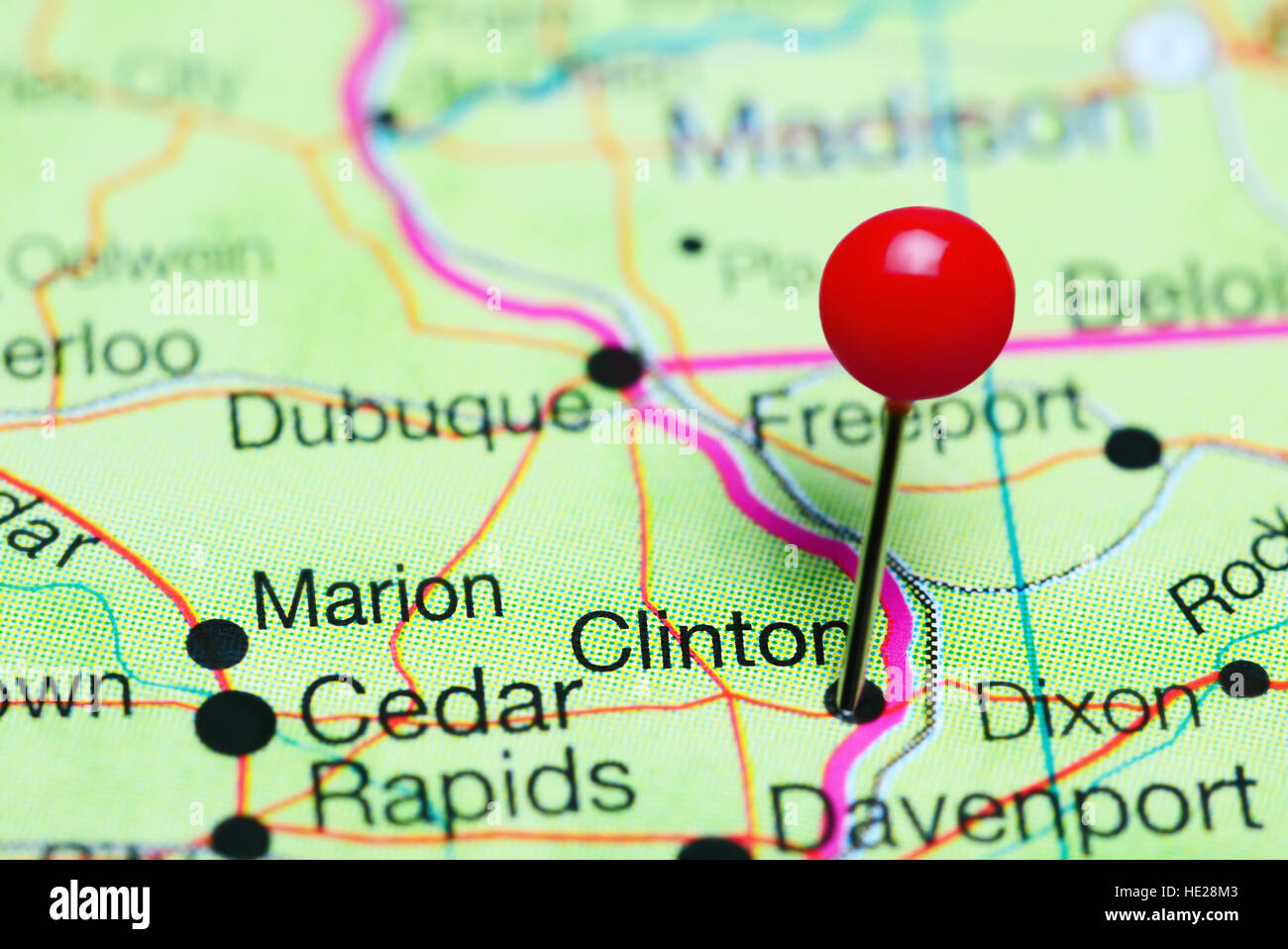 Clinton pinned on a map of Iowa, USA Stock Photo - Alamy