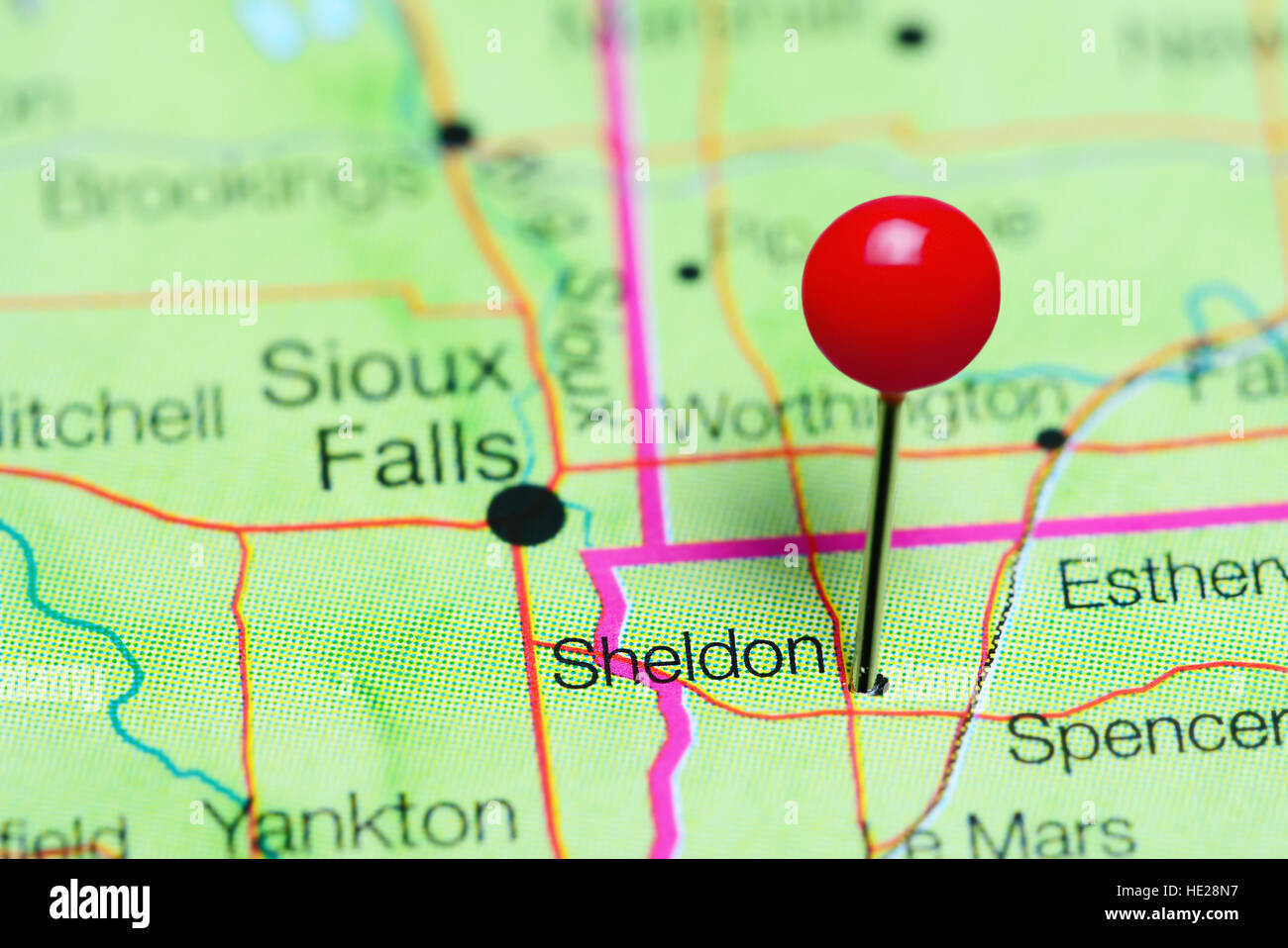 Sheldon pinned on a map of Iowa, USA Stock Photo - Alamy