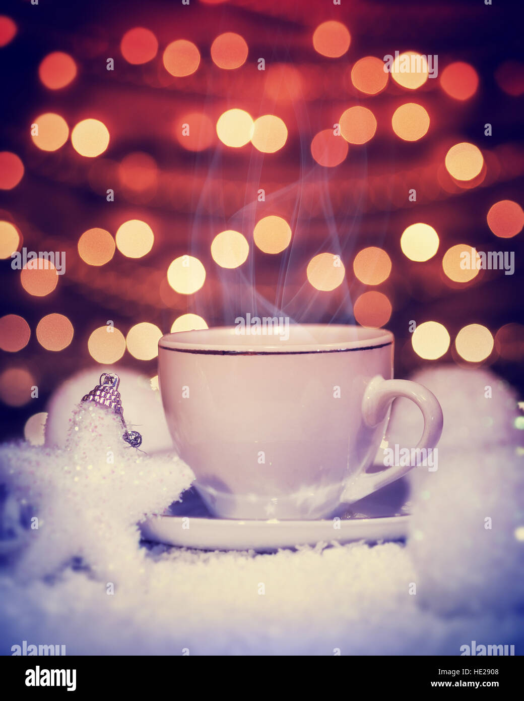 Hot Christmas coffee still life, beautiful elegant white ceramic cup ...