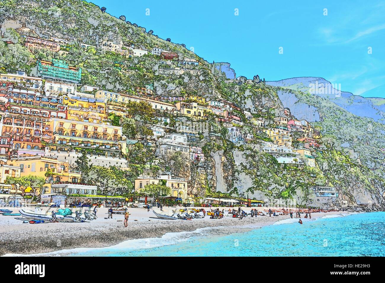 A beautiful color sketch of the Positano coast in Italy Stock Photo - Alamy