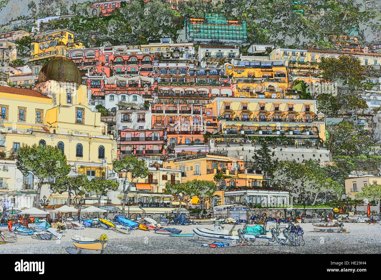 A beautiful color sketch of the Positano coast in Italy Stock Photo - Alamy