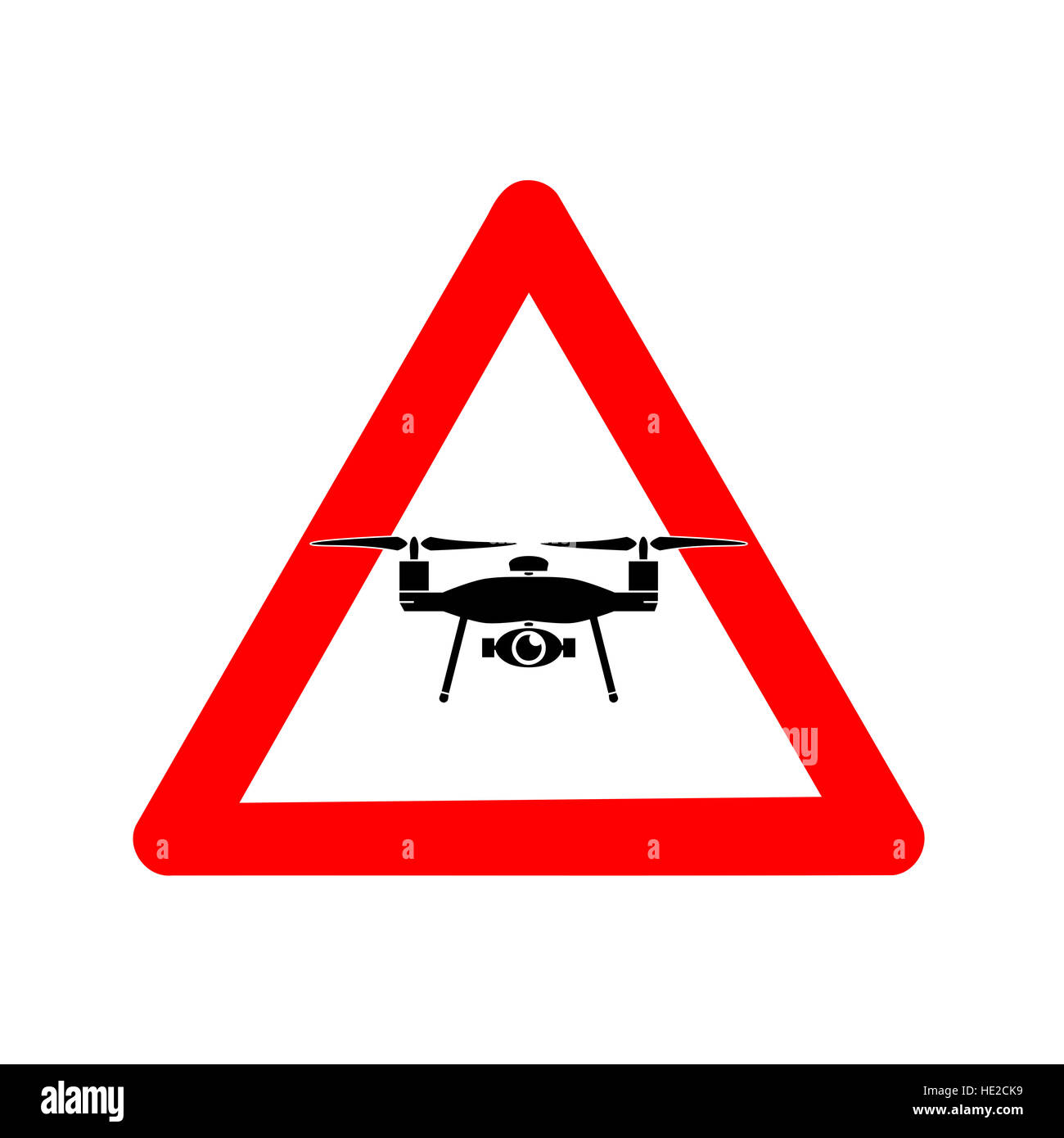 Traffic sign, beware of drones flying in the air over white background ...