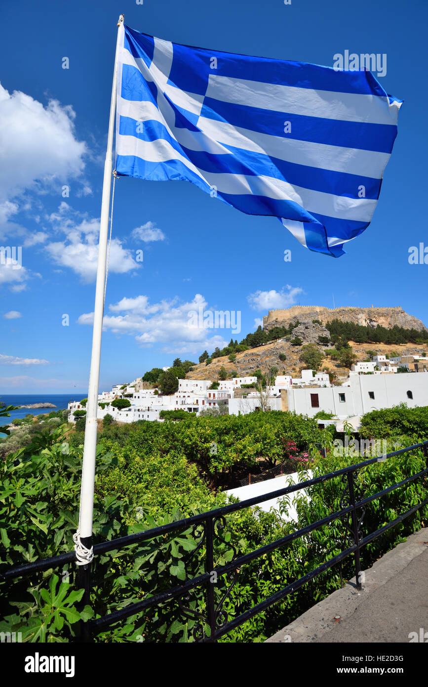 Greek flag flying in the city of Lindos on the island of Rhodes Stock ...