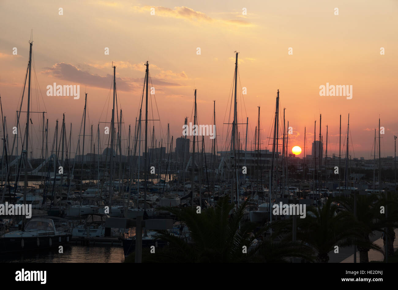 Valencia, Harbour Marina, Yachts Moored, Sunset, Spain, Europe Stock ...