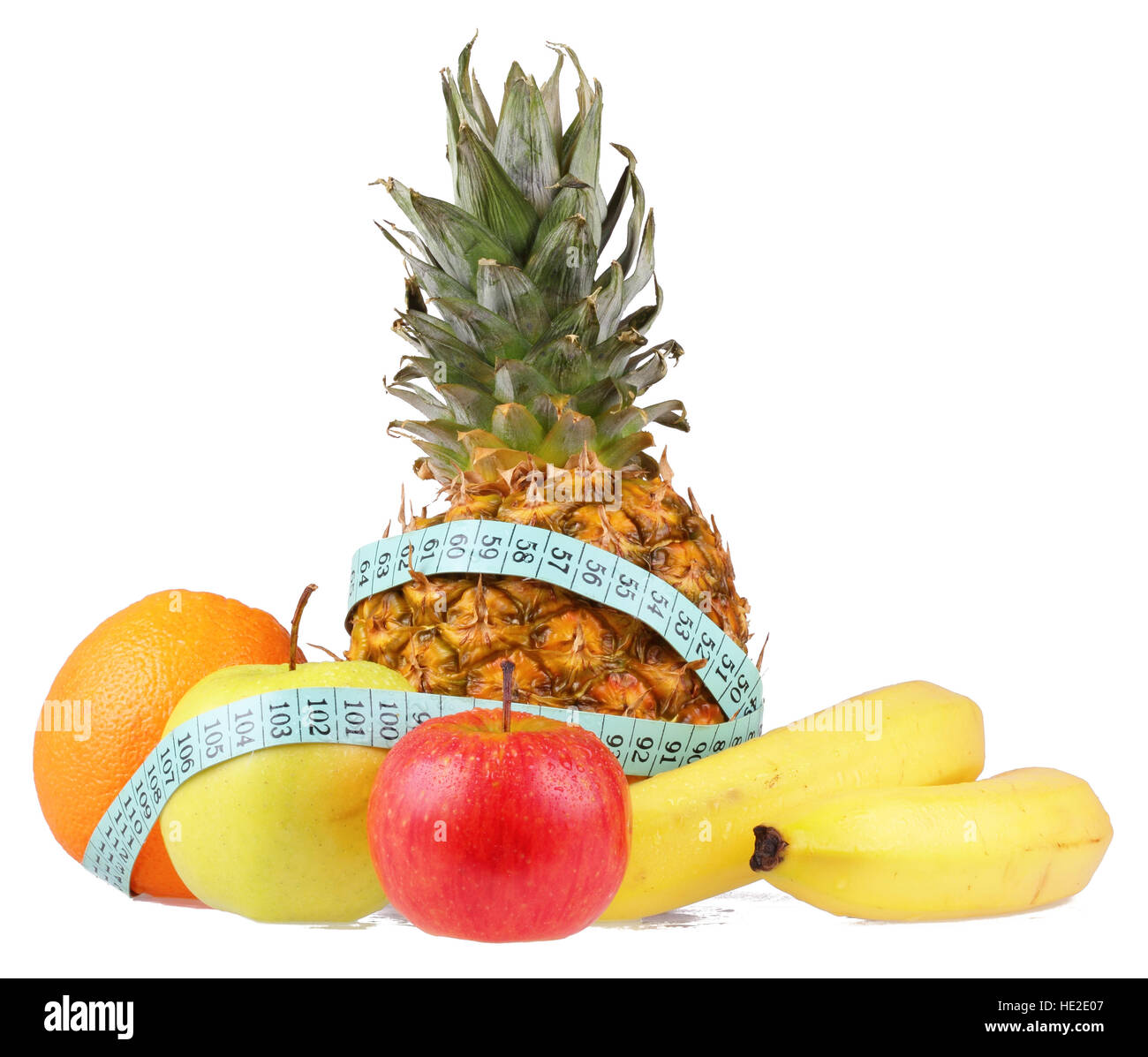 Bunch of various fruit wrapped in centimeter tape Stock Photo - Alamy