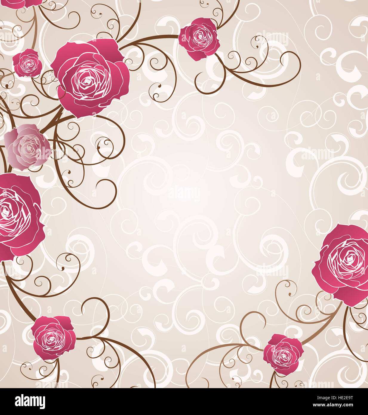 beige framed red roses pattern vector flourish illustration Stock Photo ...