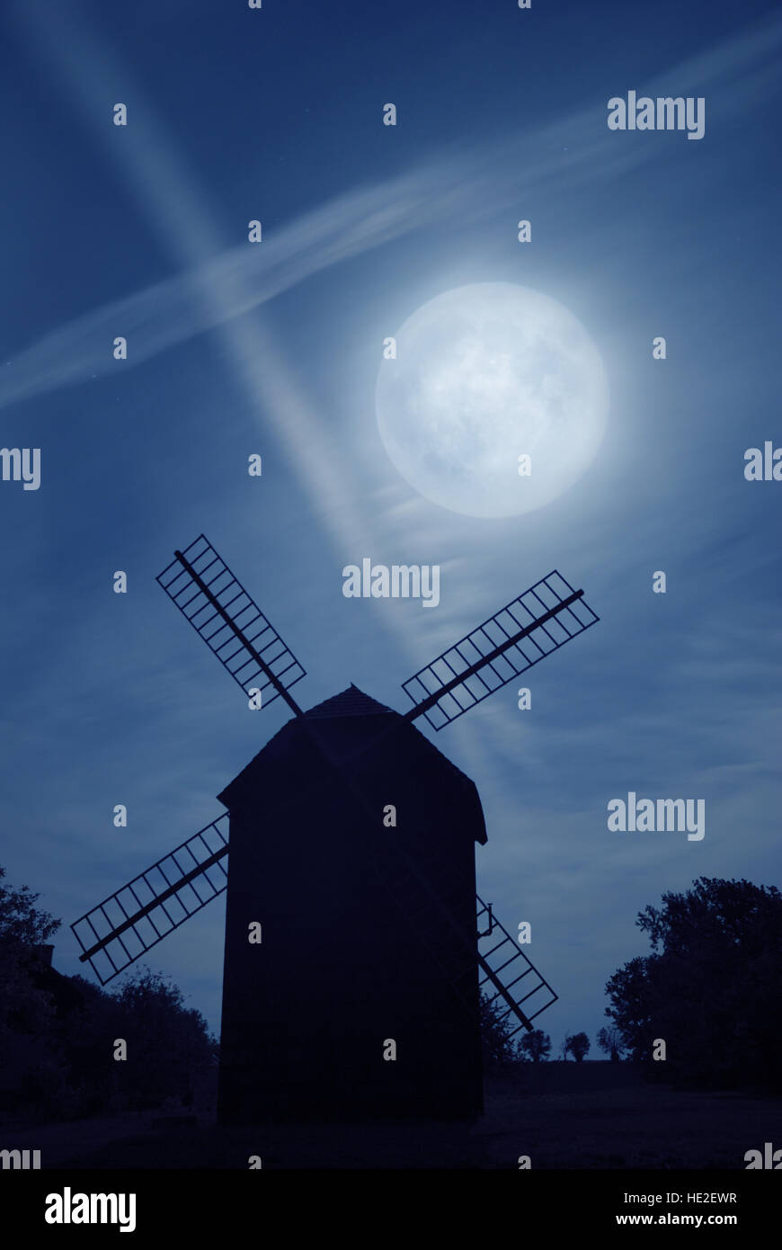 Old Wind Mill and Full Moon Night Stock Photo - Alamy